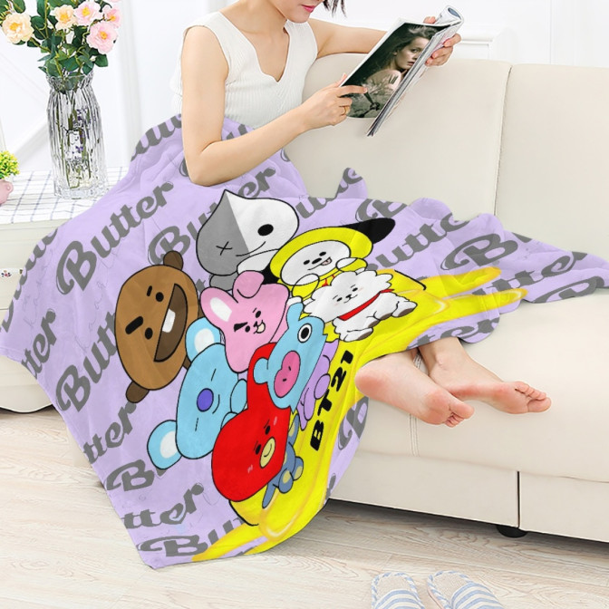 BT21 Blanket Throw - BT21 Member Sitting On Butter Word Art Background ...