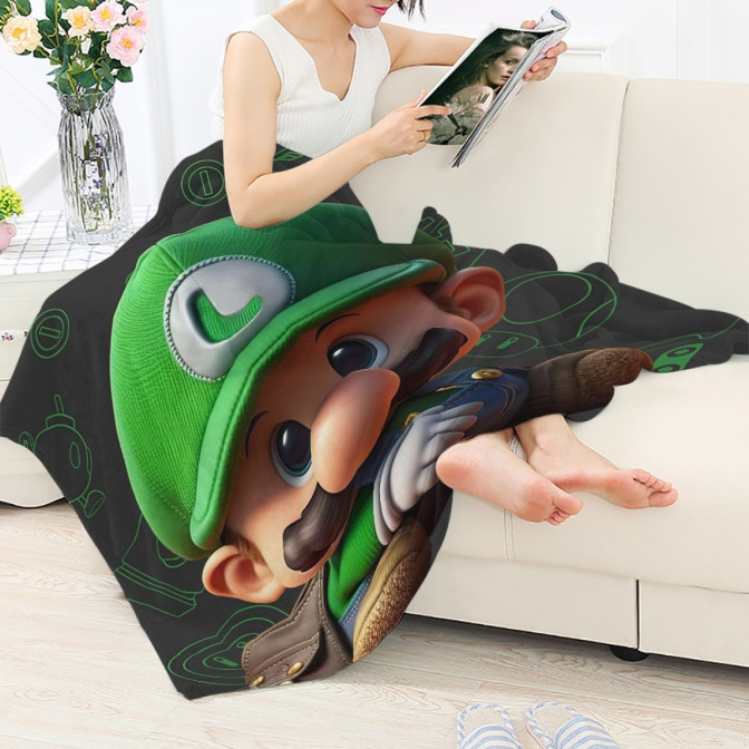 Super Mario Luigi Blanket Throw - Luigi Sitting Chibi Green Pattern ...