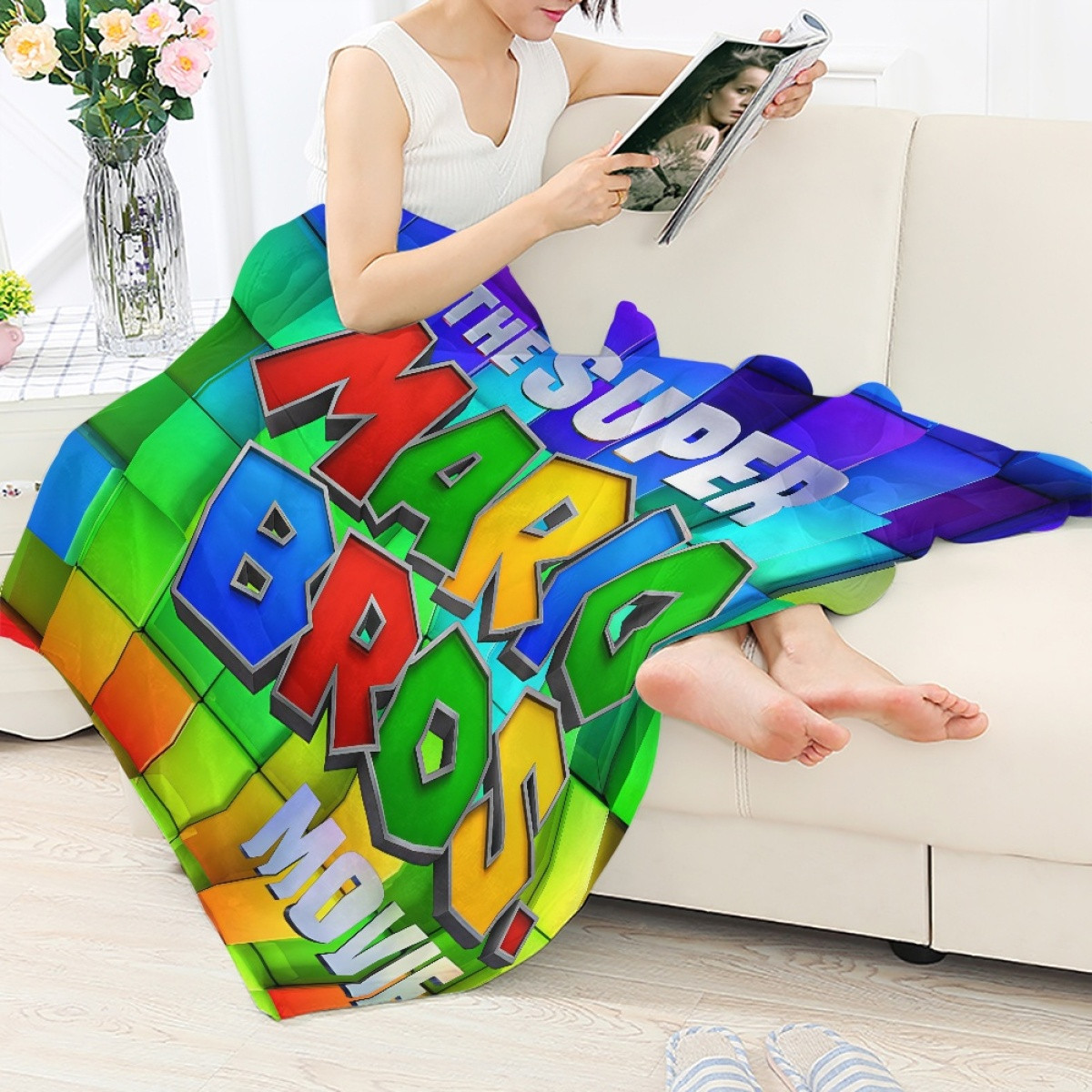 Super Mario Blanket Throw - Super Mario Movie Logo On Colorful Blocks ...