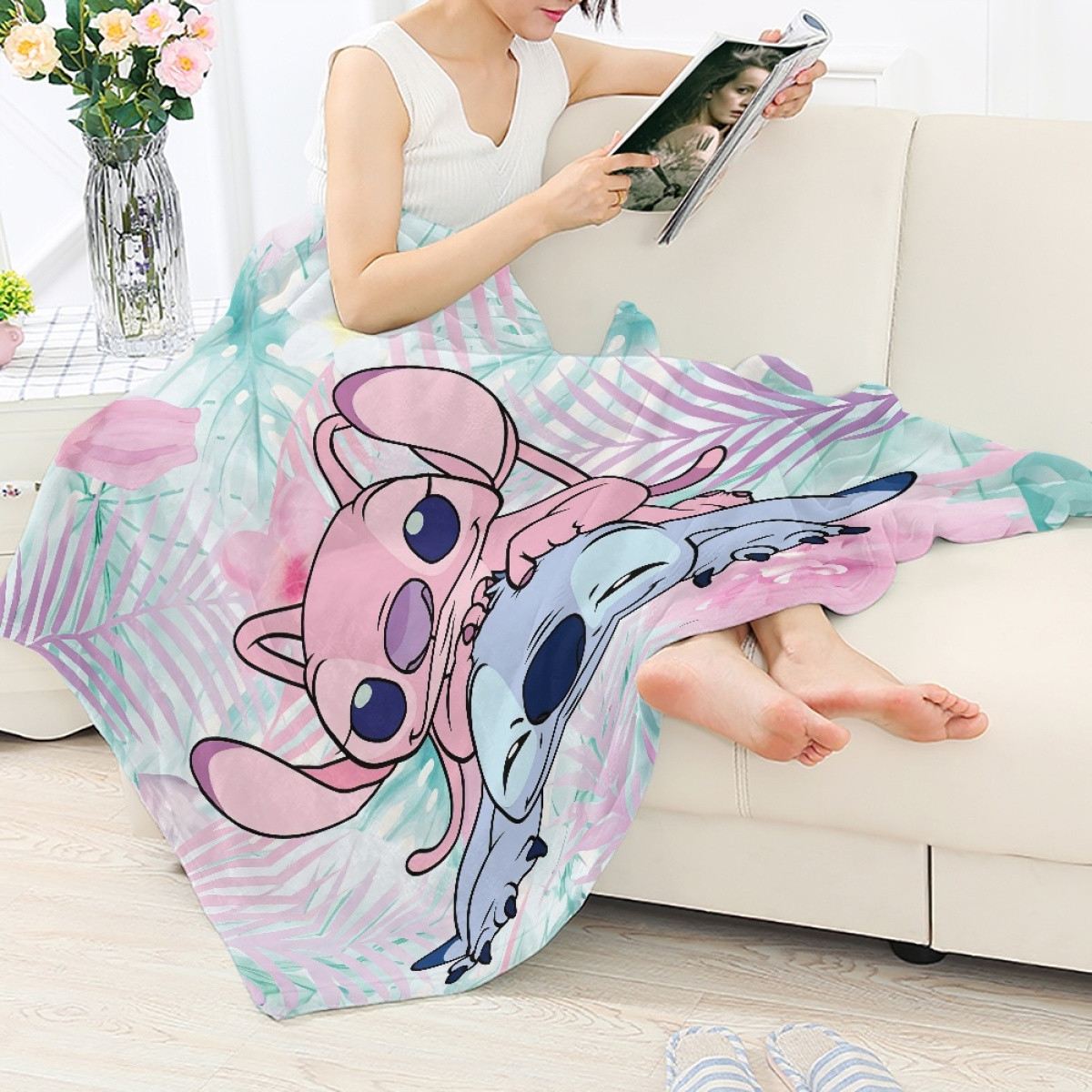 Lilo & Stitch Angel Blanket Throw - Angel And Stitch Playing Cartoon ...